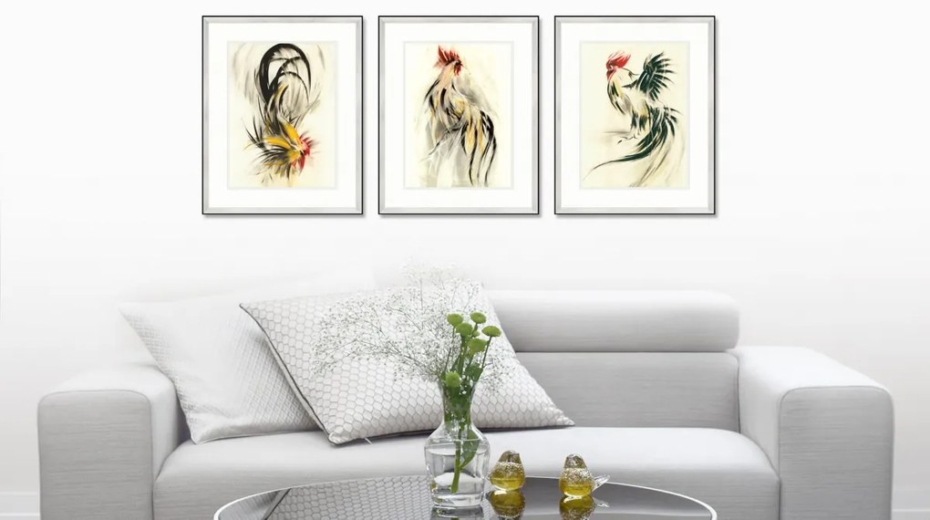 Elegantní triptych s kohouty do kuchyně a jídelny - Série Kohouti | Anna Borkowska