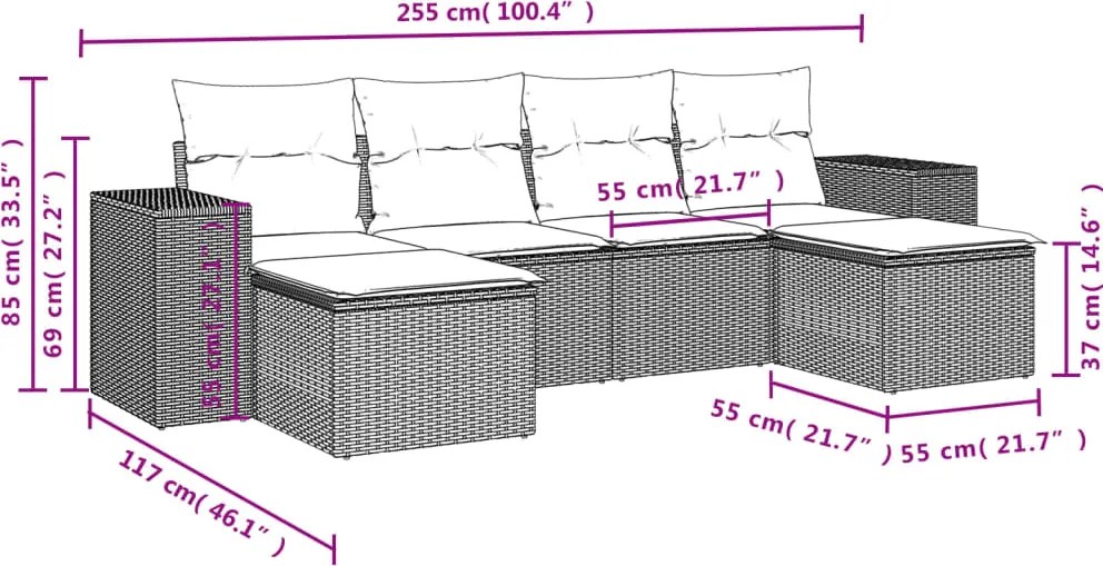 6dílná zahradní sedací souprava s poduškami šedá polyratan 3222919