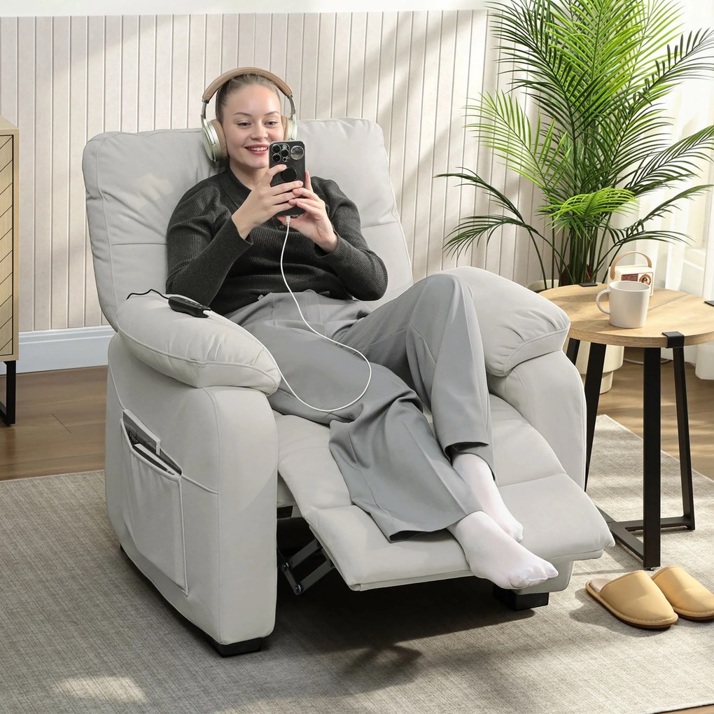 HOMCOM elektrické relaxační křeslo nastavitelná, USB připojení, opěrka nohou, boční kapsy, dálkové ovládání, 96x90x103 cm, krémová