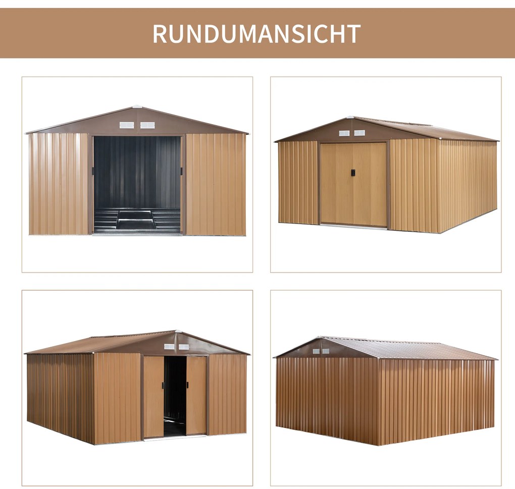 Koupit kůlnu na nářadí Outsunny, 340 x 386 x 200 cm, se základovou deskou, kůlna na nářadí, zahradní kůlna, zahradní domek, kov, hnědá