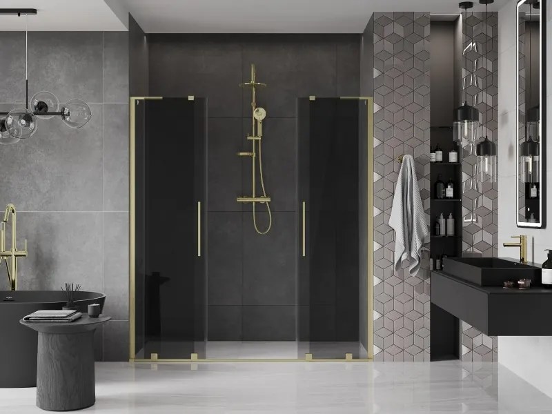 Mexen Velar L Duo, posuvné sprchové dveře do otvoru 170 cm, 8mm šedé sklo, zlatá matná, 871-170-003-42-55