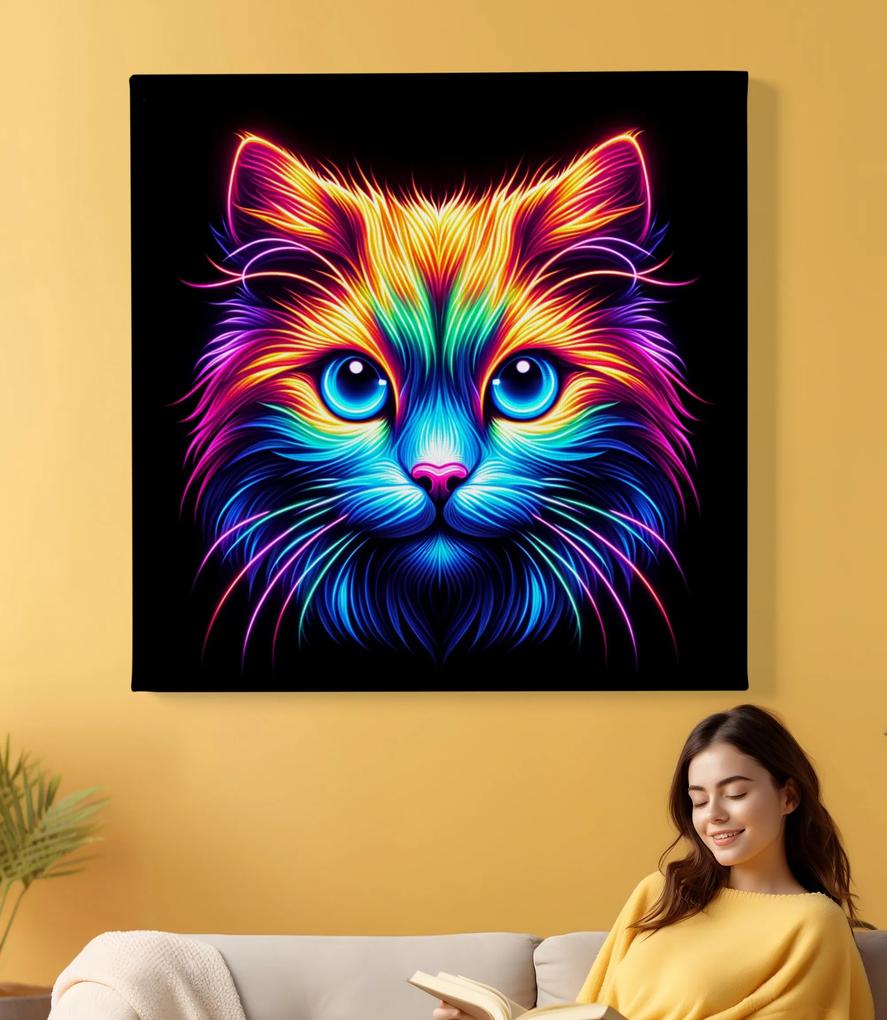 Obraz na plátně - Barevná neonová kočka FeelHappy.cz Velikost obrazu: 100 x 100 cm