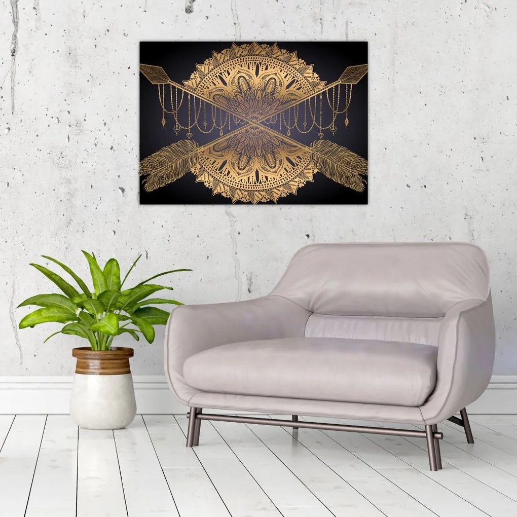 Skleněný obraz - Zlatá mandala s šípy (70x50 cm)