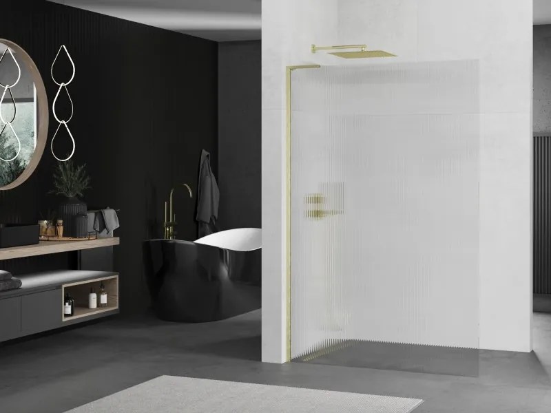 Mexen Kioto L, sprchová zástěna Walk-In 70 x 200 cm, 8mm sklo s žebrovým vzorem, zlatý matný profil, 800-070-103-55-09