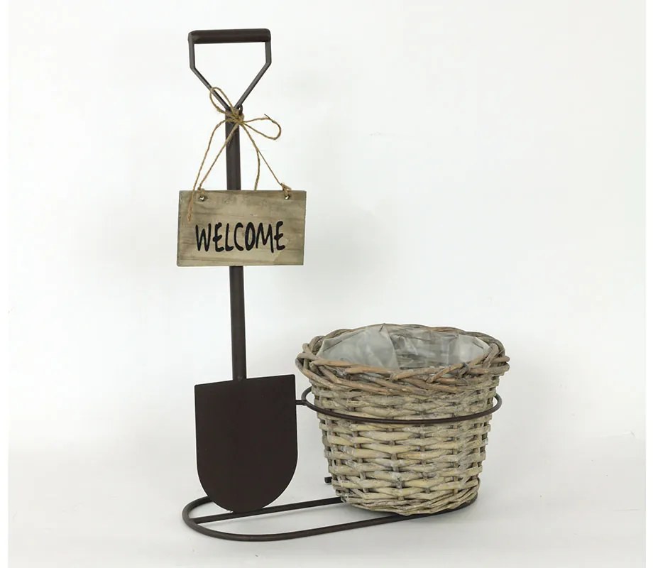 Proutěný košík hnědý v kovovém stojanu , barva antická hnědá, "s nápisem  Welcome