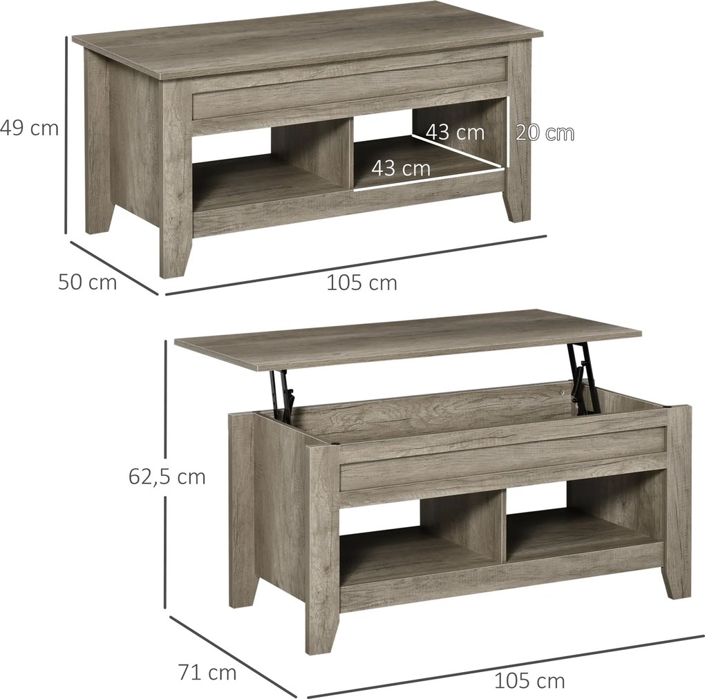 HOMCOM Zvedací Konferenční Stolek, Stolek do Obývacího Pokoje se Policemi a Skrytým Úložištěm, 105 x 50 x 49-62,5 cm do Obývacího Pokoje, Ložnice, Du…