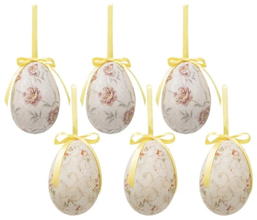 6ks dekorace béžové závěsné vajíčko s květy Spring Egg - Ø 7*10 cm