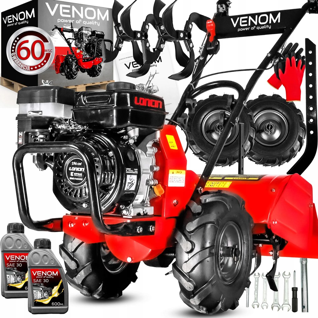Výkonný Benzínový Kultivátor Venom 196CC, Zadní Protiběžný Agregát 9V1