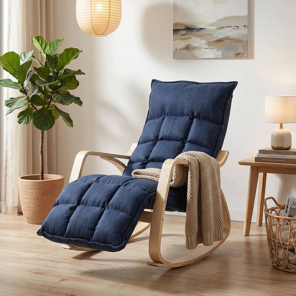 HOMCOM houpací křeslo s nastavitelnou 5polohovou podnožkou, látka ve vzhledu lnu, březové područky — tmavě modré