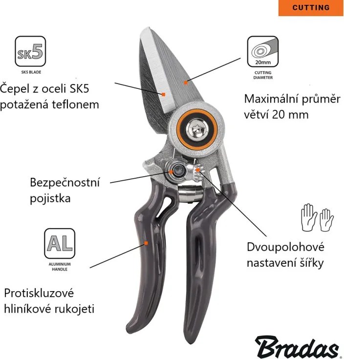 Zahradní nůžky KT-V1041, podávací ostří, ocel SK5, ALU - V-SERIES - BRADAS
