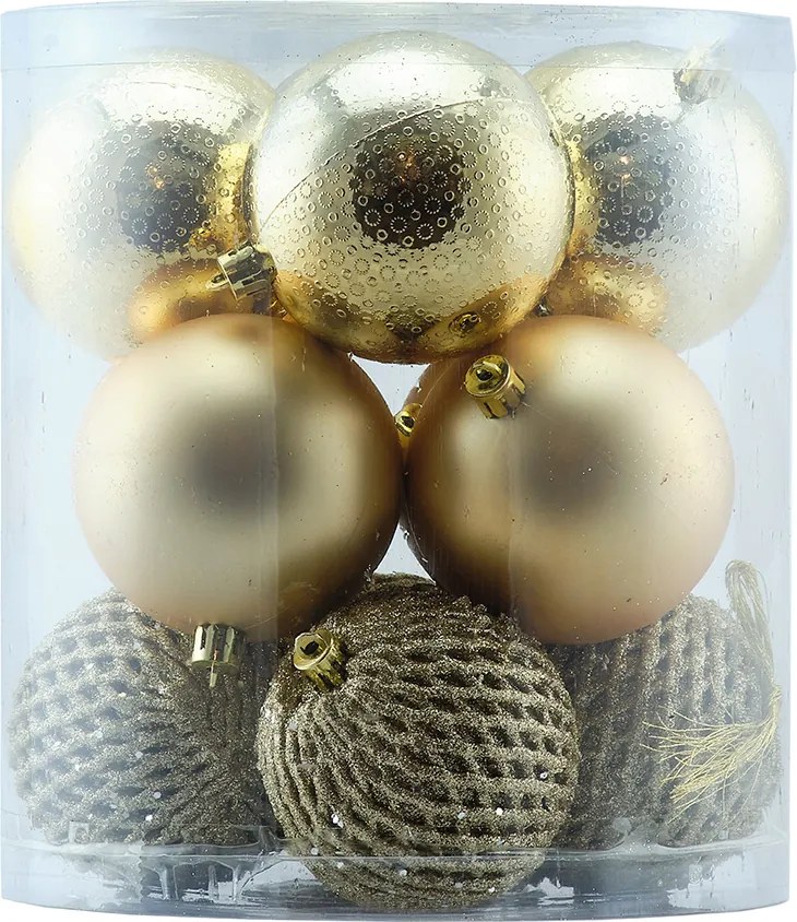 Sada vánočních ozdob zlatá 8 cm plastové baňky, 4× vrásková, 4× matná, 4× glitter, balení 16 ks