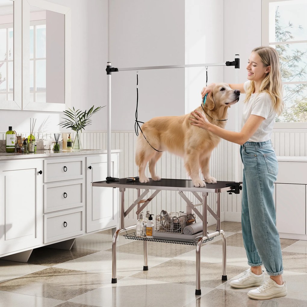 PawHut Trimovací stůl výškově nastavitelný skládací stůl pro psy s košíkem pod ním 107x60x170cm v černé barvě | Aosom.de