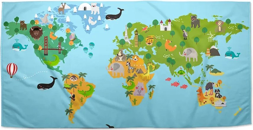 Sablio Ručník Zvířecí mapa světa - 70x140 cm