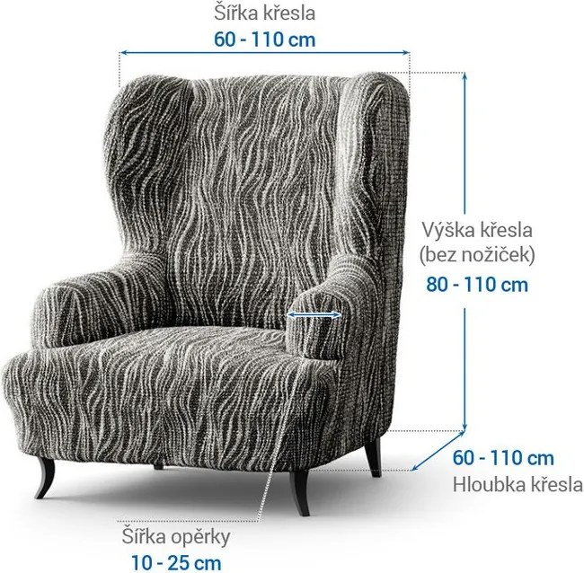 Bielastické potahy UNIVERSO NOVÉ žíhané černobílé křeslo ušák (š. 60 - 110 cm)
