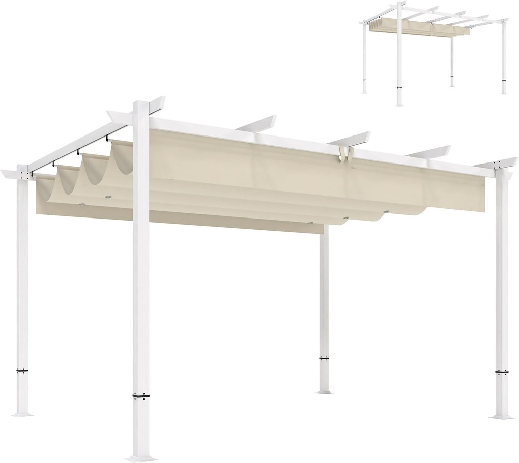 Outsunny pergola se zatahovací střechou 3,90 × 2,97 m, magnetické zapínání, ochrana UPF 30+, samostatný zahradní altán s odvodněním, béžová | Aosom