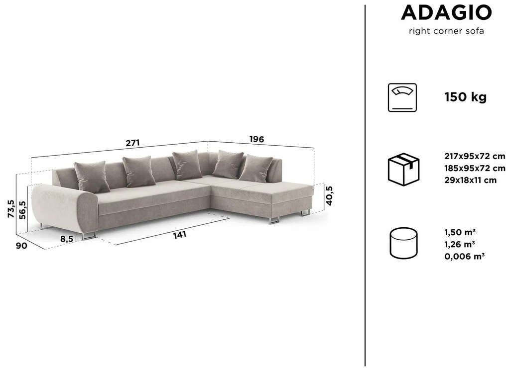 KOOKO HOME Rohová rozkládací sametová pohovka s úložným prostorem Adagio XL pravý roh