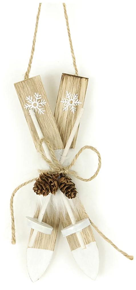 Lyže, dřevěná vánoční dekorace s plyšem na zavěšení, barva přírodní - KLA470