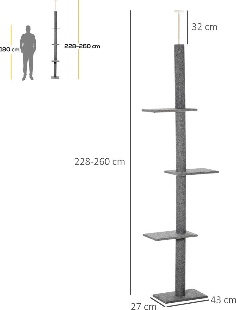PawHut výškově nastavitelné škrabadlo 228-260 cm stropní strom pro kočky Šplhací strom pro kočky Šedý pro aktivní hru a odpočinek | Aosom.de
