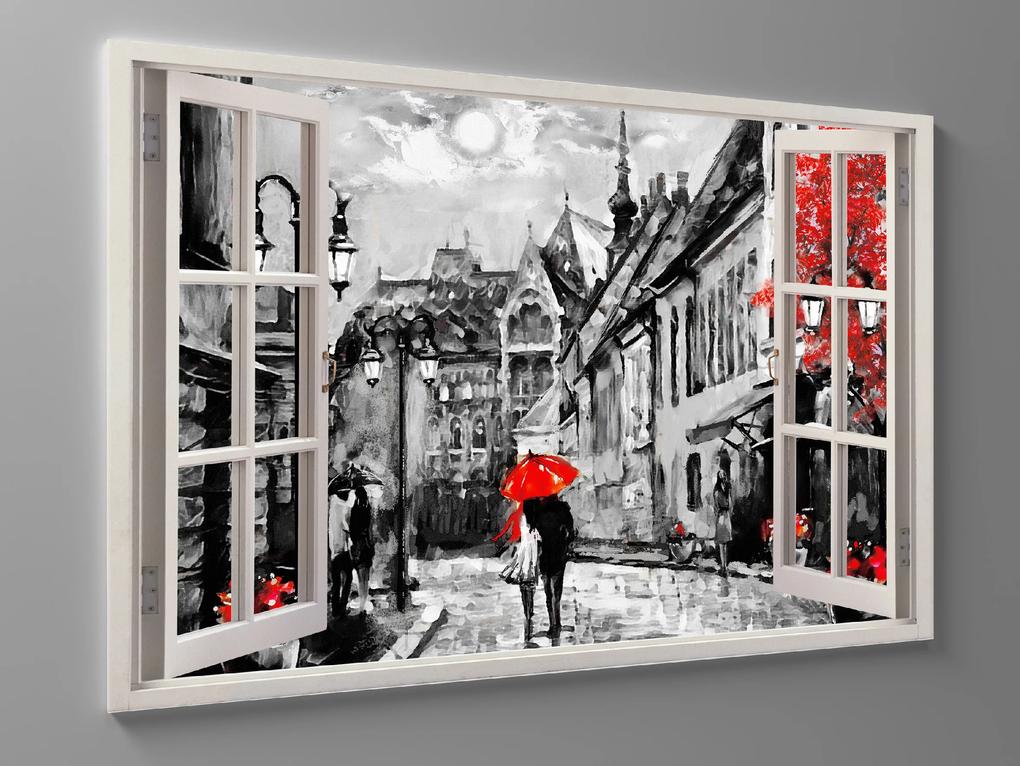 Liox Obraz okno olejomalba červený deštník Rozměr: 40 x 25 cm | BIANO