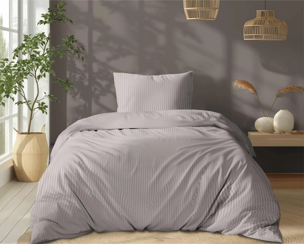Detexpol Bavlněné povlečení 140x200 béžové jednobarevné pruhované damaškové povlečení 1 cm Pure - VÝPRODEJ