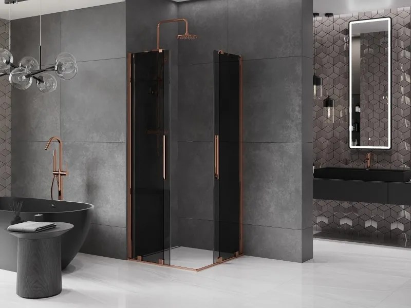 Mexen Velar Duo, sprchový kout s posuvnými dveřmi 90 x 90 cm, 8mm šedé sklo, růžové zlato, 871-090-090-42-60