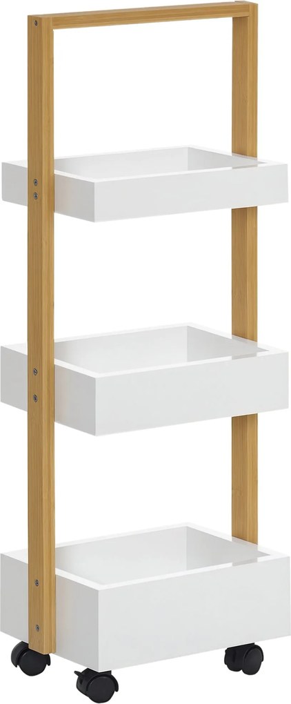 HOMCOM Bambusový úložný vozík s kolečky do kuchyně s 3 koši a madlem pro obývací pokoj a koupelnu 28x18x75 cm Bílý a přírodní | Aosom