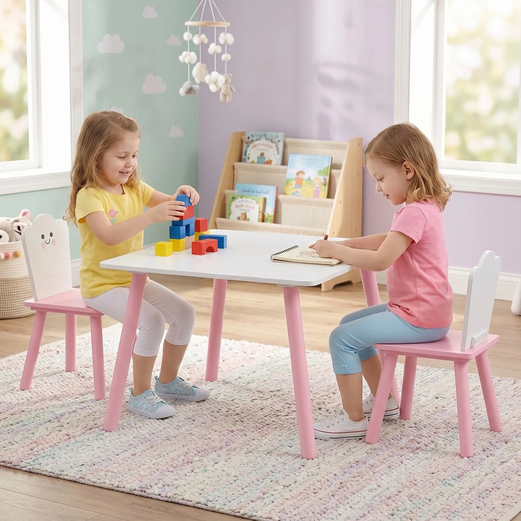 AIYAPLAY Dětská sada stůl a židle, 3 díly, 1 stůl 2 židle, růžová a bílá
