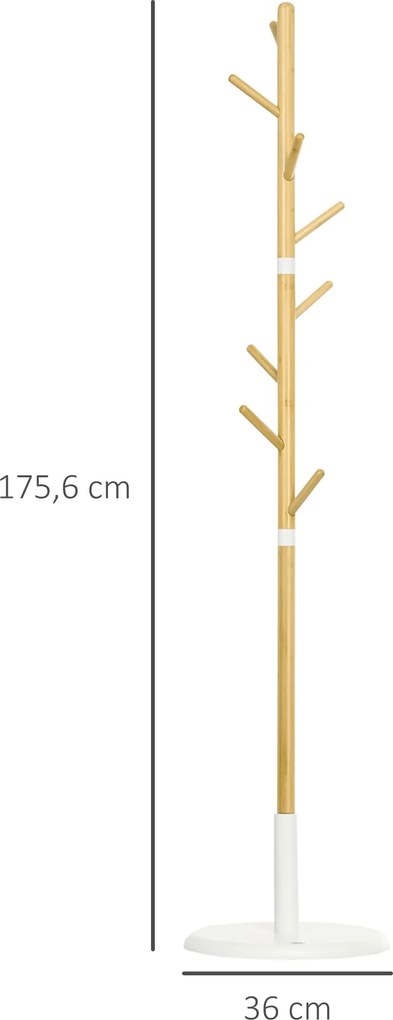 HOMCOM Bambusový stojací věšák na oblečení Moderní halová stromová věšák s 8 háčky na oblečení a tašky pro předsíň a ložnici Ø37.8x175.6 cm Přírodní