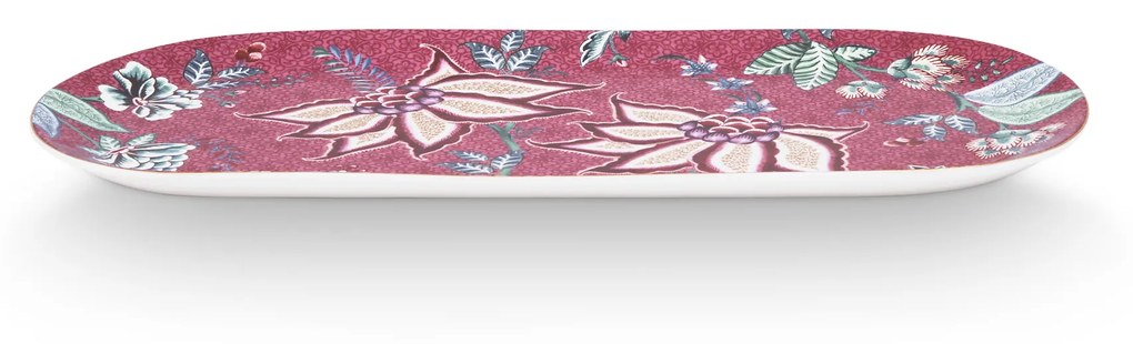 Pip Studio Flower Festival oválný tác 33,3 x 15,5cm, tmavě růžový (Oválný servírovací tác Cake Tray z kolekce Flower Festtival Dark Pink)