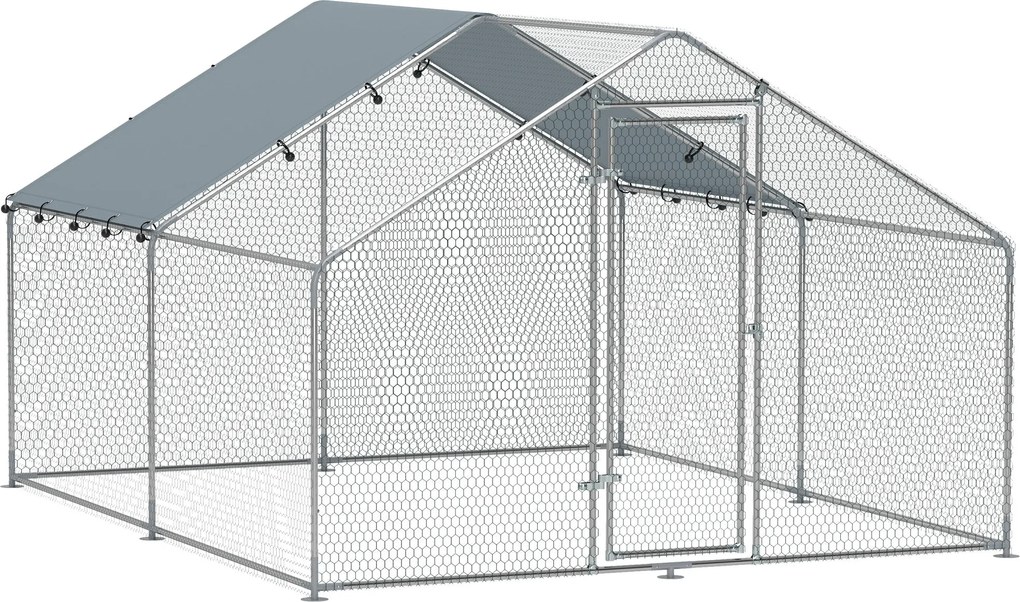 PawHut Venkovní Kurník, 3x3,4x1,9m 10,2m² Zinkem Potahovaný Ocelový Systém pro 10-15 Slepice, Kurník s Voděodolnou Anti-UV Střechou a Zámkem, pro Malá