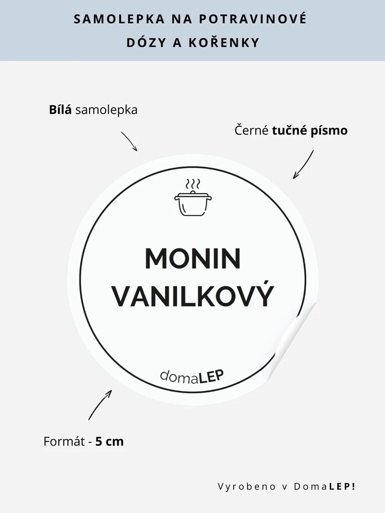 Samolepka na láhev MONIN VANILKOVÝ průměr 5 cm – bílá vinylová, voděodolná, omyvatelná samolepka na dózy, tučné písmo