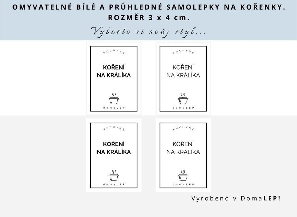 KOŘENÍ NA JEHNĚČÍ - Samolepka na kořenky 3 x 4 cm - DomaLEP varianta: PRŮHLEDNÁ - tučné písmo