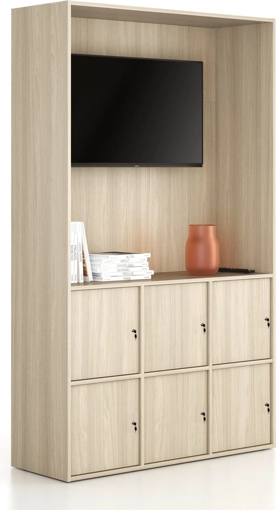 Kancelářská skříň FRAME, 6x dveře, prostor pro TV, 1299 x 450 x 2162 mm, cylindrický zámek, dub přírodní