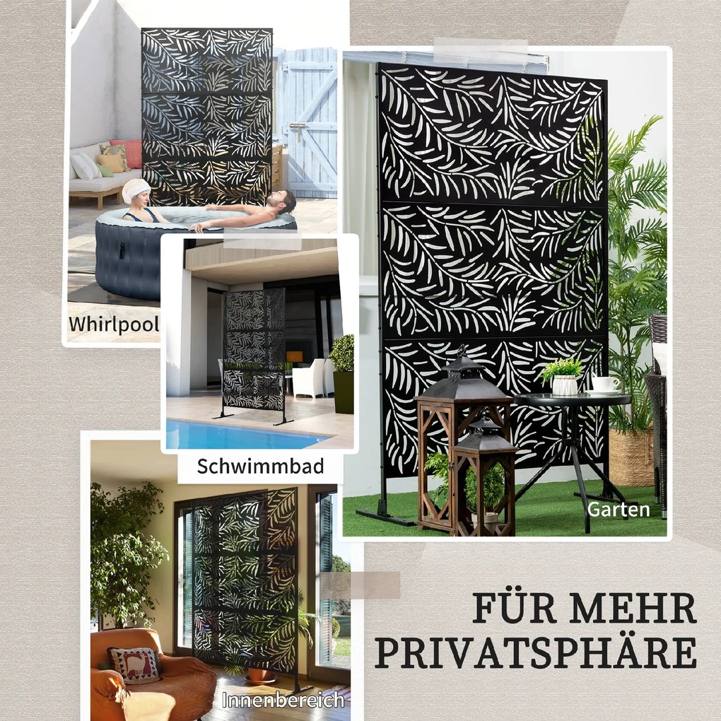 Paraván Outsunny se stojanem, rozdělovač místností se vzorem vrbových listů, 122 x 198 cm, rozdělovač místností na zahradu, terasu, ocel, černý