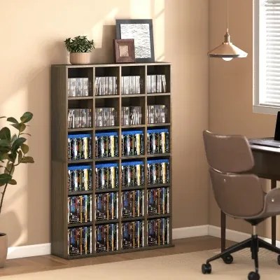 HOMCOM multimediální úložný nábytek 456 CD / 336 DVD - dřevěná police s nastavitelnými policemi, 89 x 130,5 cm, hnědá