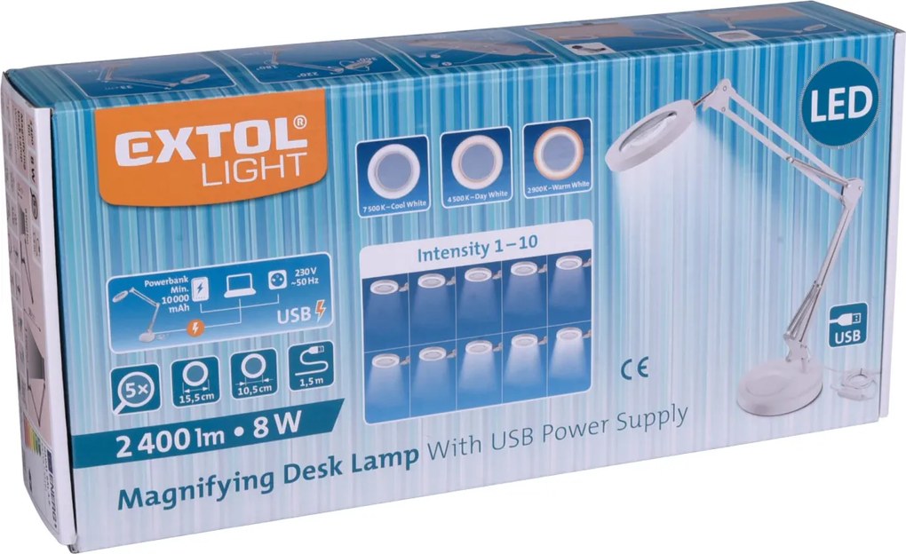 Lampa stolní s lupou EXTOL LIGHT, USB napájení, bílá, 2400lm, 3 barvy světla, 5x zvětšení