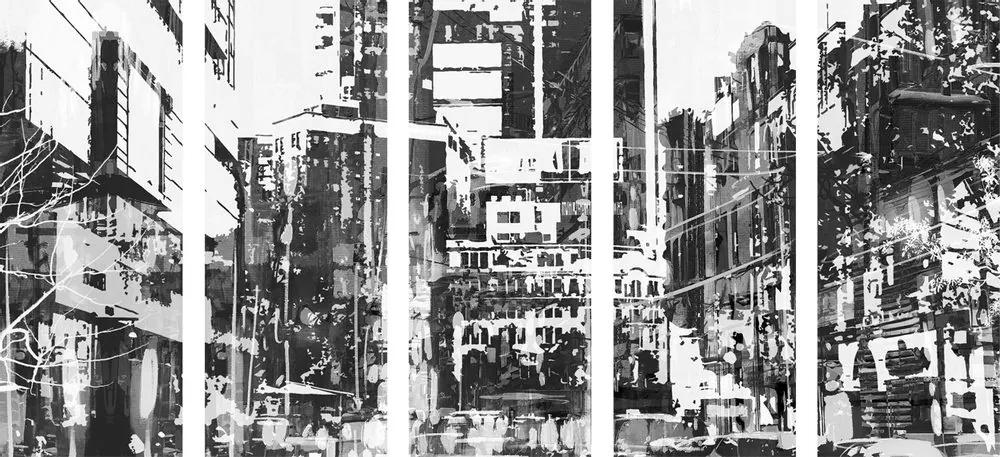 5-dílný obraz abstraktní panoráma města v černobílém provedení - 100x50 cm