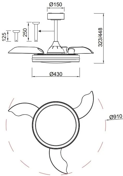 Mantra North, rozvinovací ventilátor se svítidlem a dálk. ovladačem, LED 40W 3000-6500K+RGB, černá, průměr 43/91cm