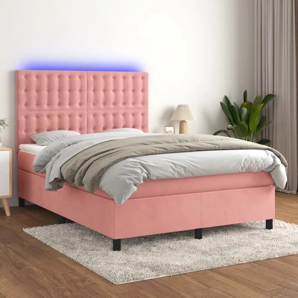 Box spring postel s matrací a LED růžová 140x200 cm samet