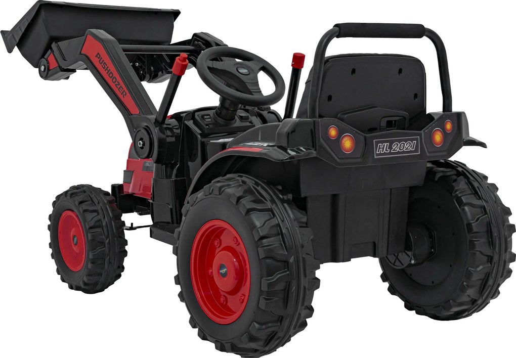 Ramiz Dětský bagr-traktor na baterie červený + pohyblivé rameno s lžící + dálkové ovládání + pomalý start + FM rádio + LED