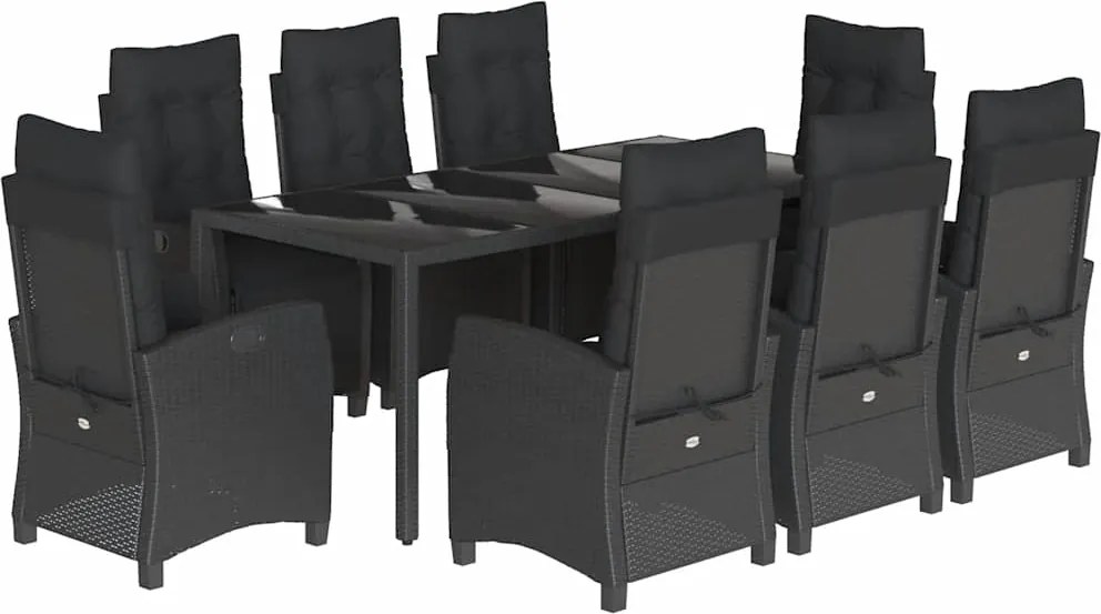 9dílný zahradní jídelní set s poduškami černý polyratan 3212893