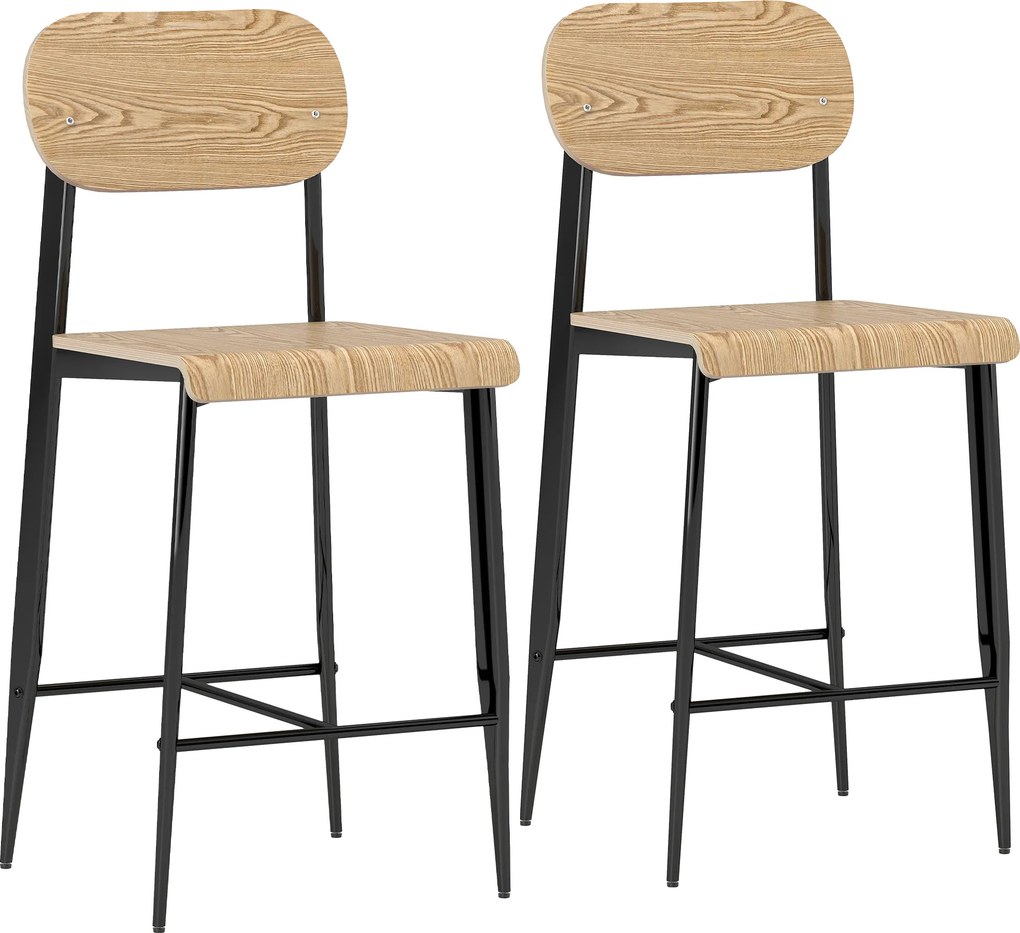 HOMCOM Sada 2 Barových Židlí, Barová Židle s Opěrným Nohama, Kovový Rám, Kuchyňská Židle s Výškou Sedáku 66 cm, Snadná Montáž, Průmyslový Design Přír…