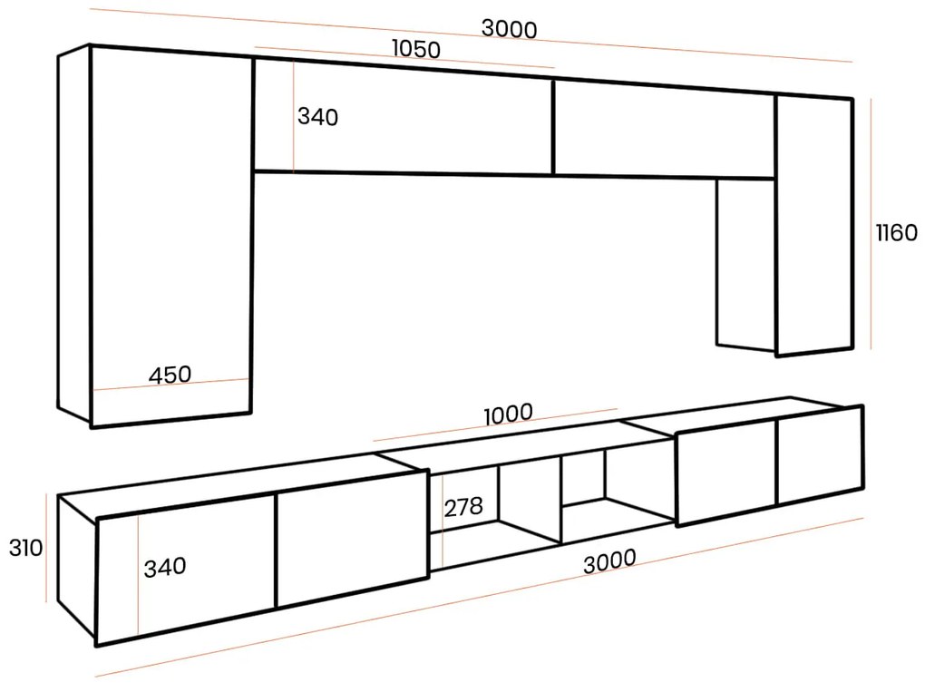 GAB Obývací stěna LORONA 23, Černá/Dub Artisan 300 cm