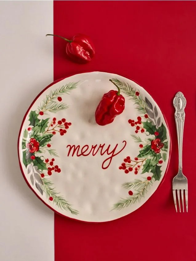 Sinsay - Vánoční keramický talíř s nápisem “Merry” - bílá