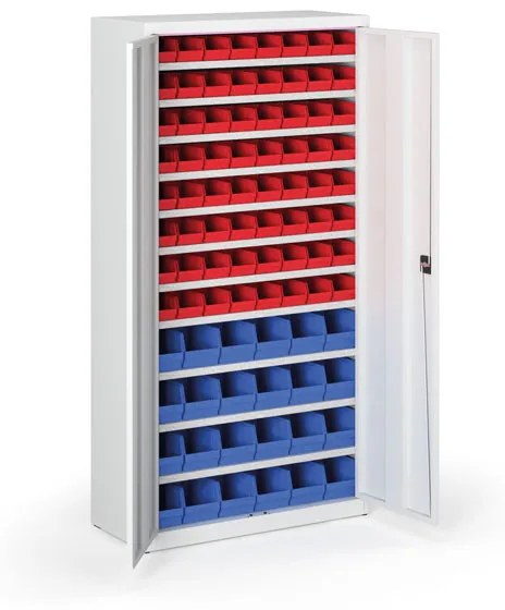Skříň s plastovými boxy BASIC - 1800 x 400 x 920 mm, 64xA/24xB, šedá/šedé dveře