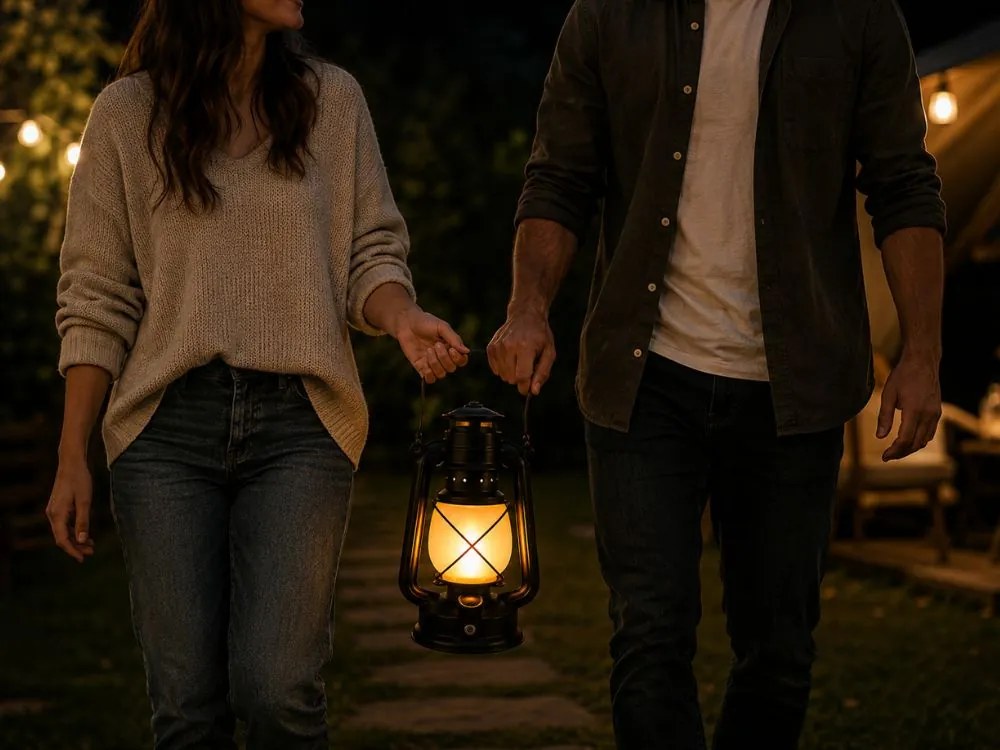 Verk Group Retro led lampion pro turisty a kempování, dekorativní, s usb nabíjením a efektem plamenů