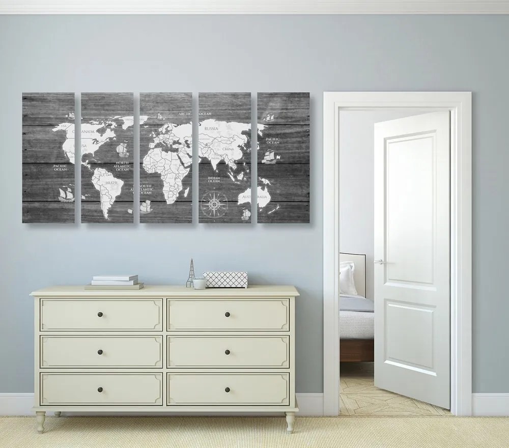 5-dílný obraz černobílá mapa na dřevě - 100x50 cm