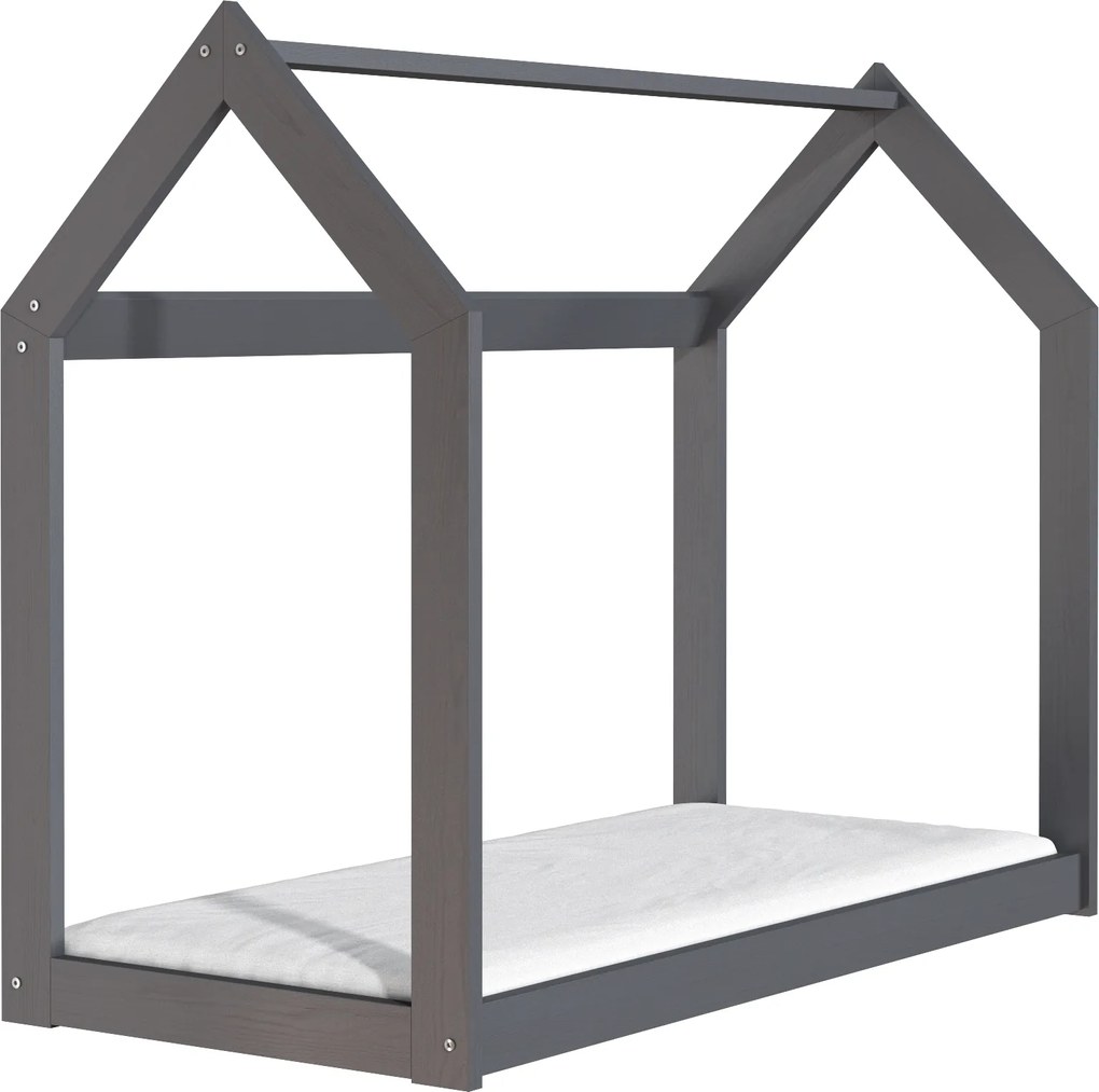 Dřevobox Dřevěná postel domeček 160 x 80 cm šedá + rošt