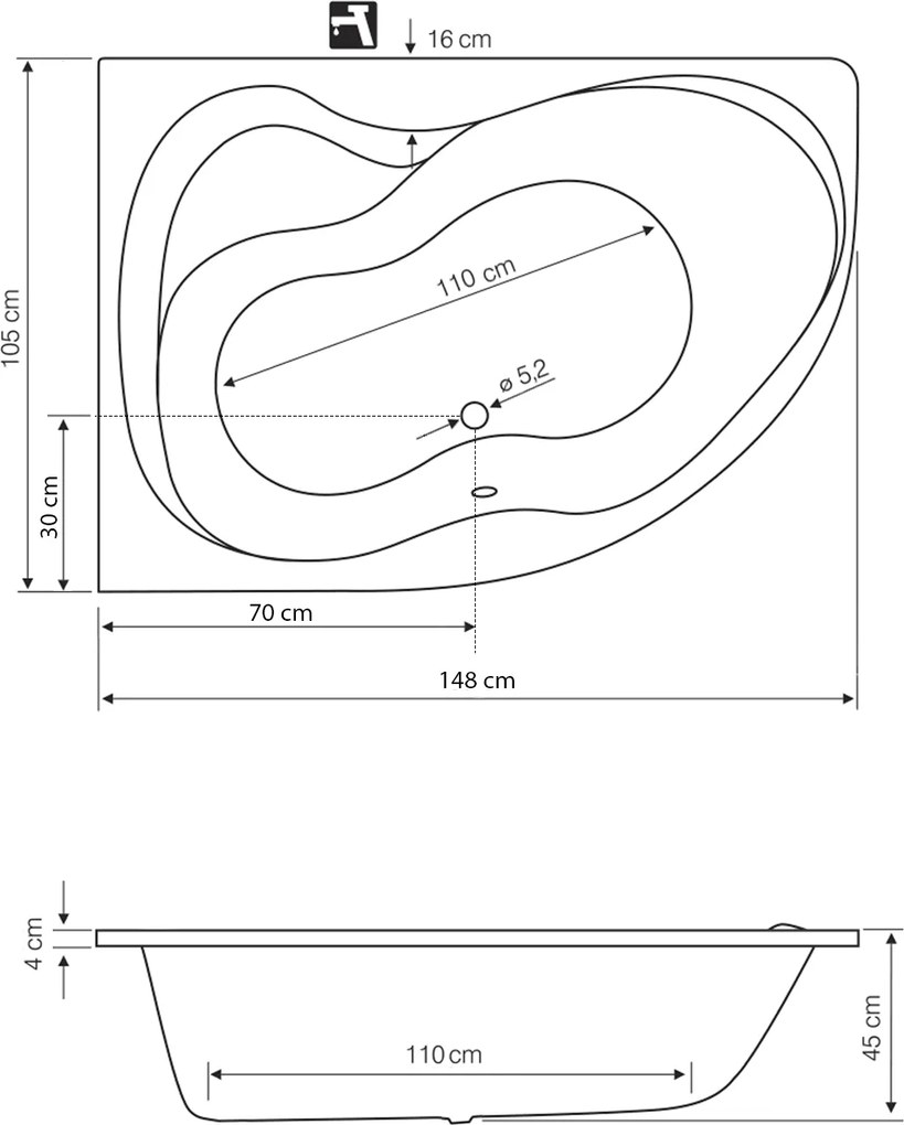 Aqualine Cidlina G3618 asymetrická vana 150 x 105 cm akrylátová levá