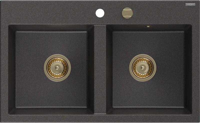 Mexen Hektor, 2-komorový granitový dřez 800x480x205 mm, černá skvrnitá, zlatý sifon, 6521802000-76-G